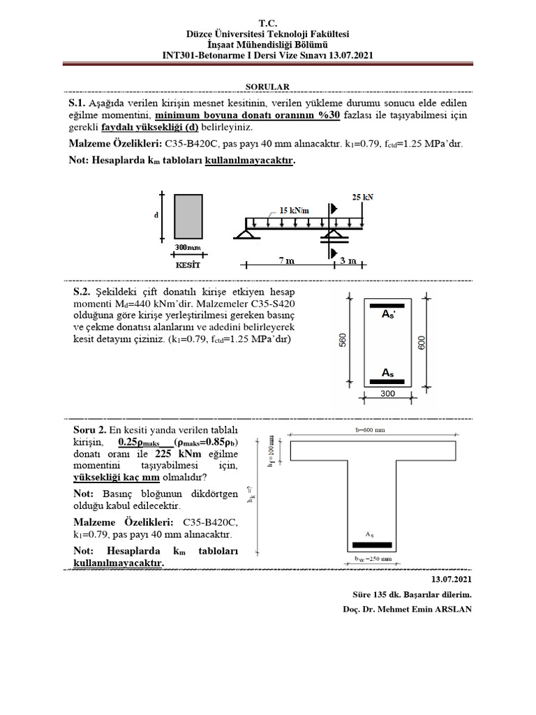 Betonarme1 2021 Vize Soruları | PDF
