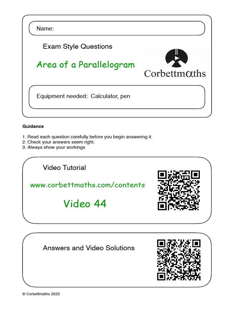 Area of Parallelogram Exam Questions | PDF | Area | Elementary Mathematics