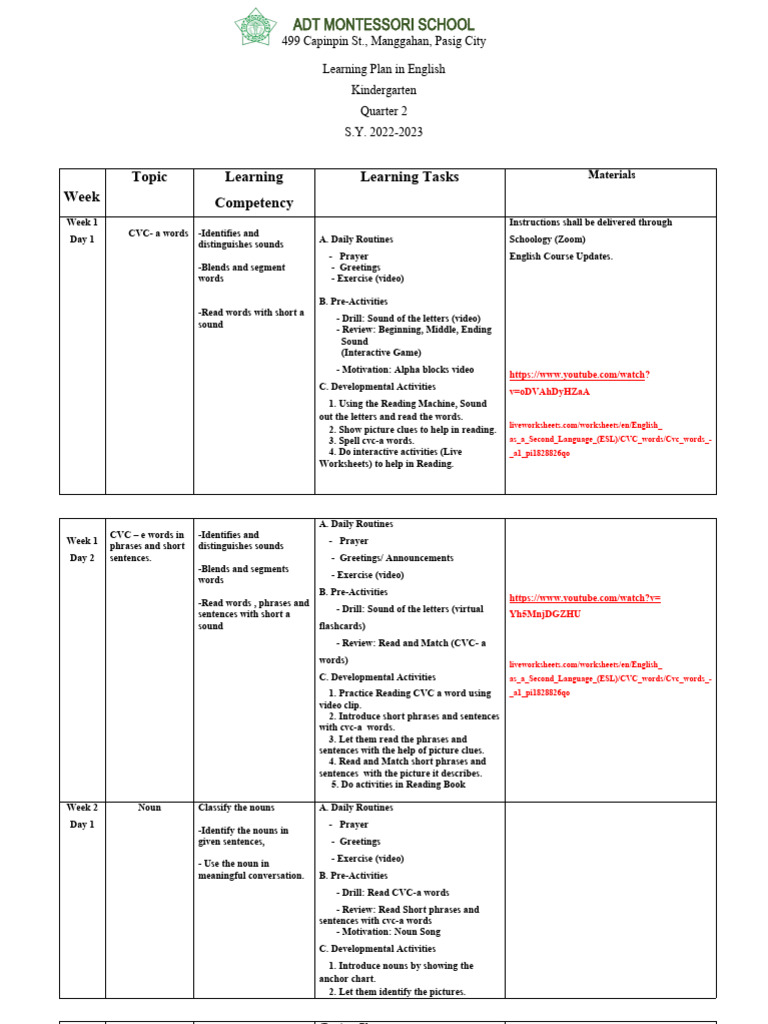 Learning Plan English 2nd | PDF