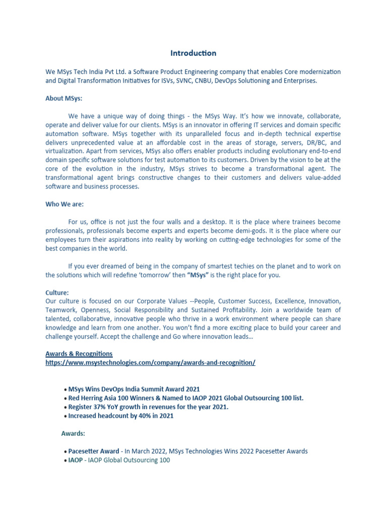 Introduction To MSys Technologies | PDF