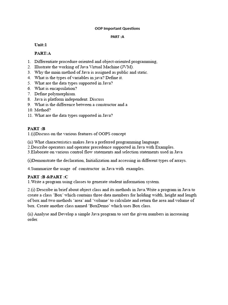 Unit1&2 ImportantQP | PDF | Method (Computer Programming) | Class (Computer Programming)