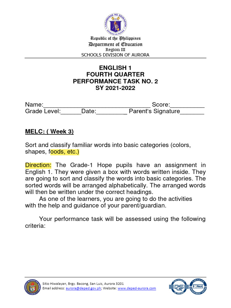 Performance Task - 2021 English 1 Q4 Peta 2 - Res | PDF | Rubric (Academic) | Behavior Modification