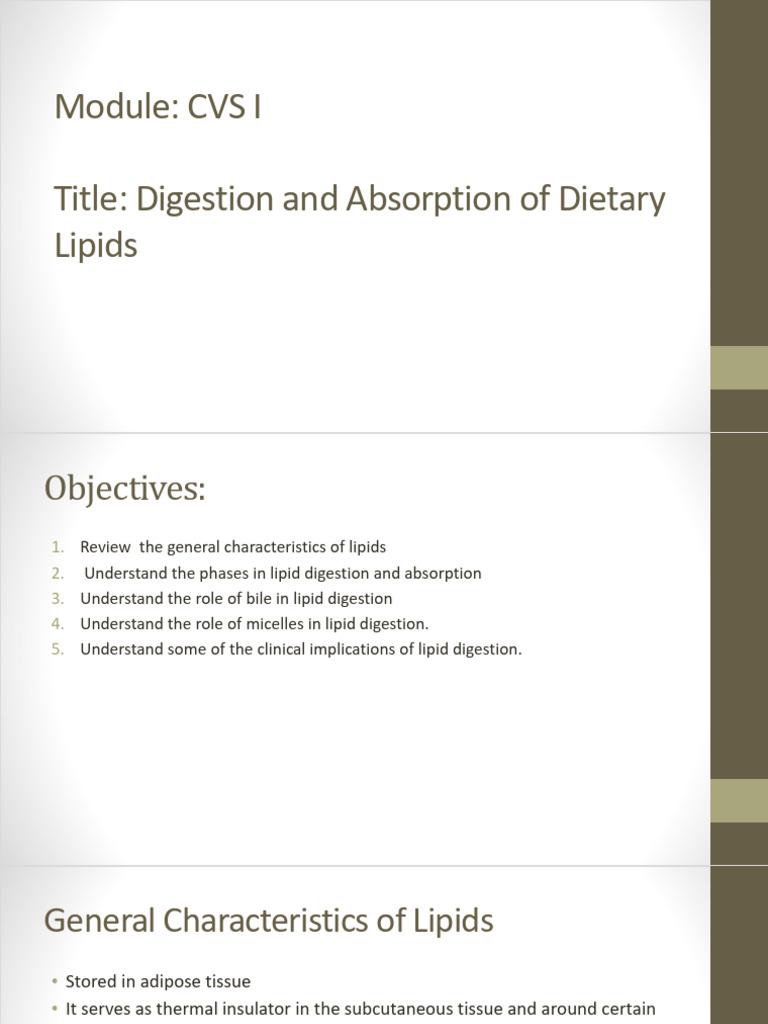 5 - BIOCHEMISTRY - Digestion and Absorption of Dietary Lipids Lecture | PDF