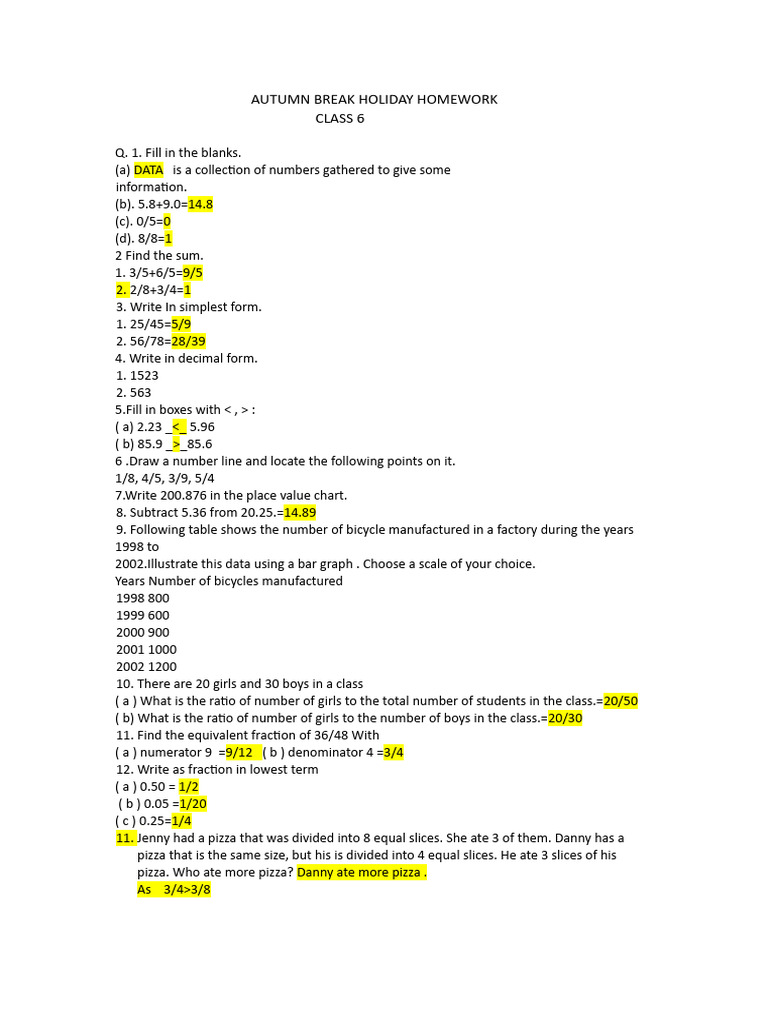 Autumn Break Holiday Homework Class 6 | PDF