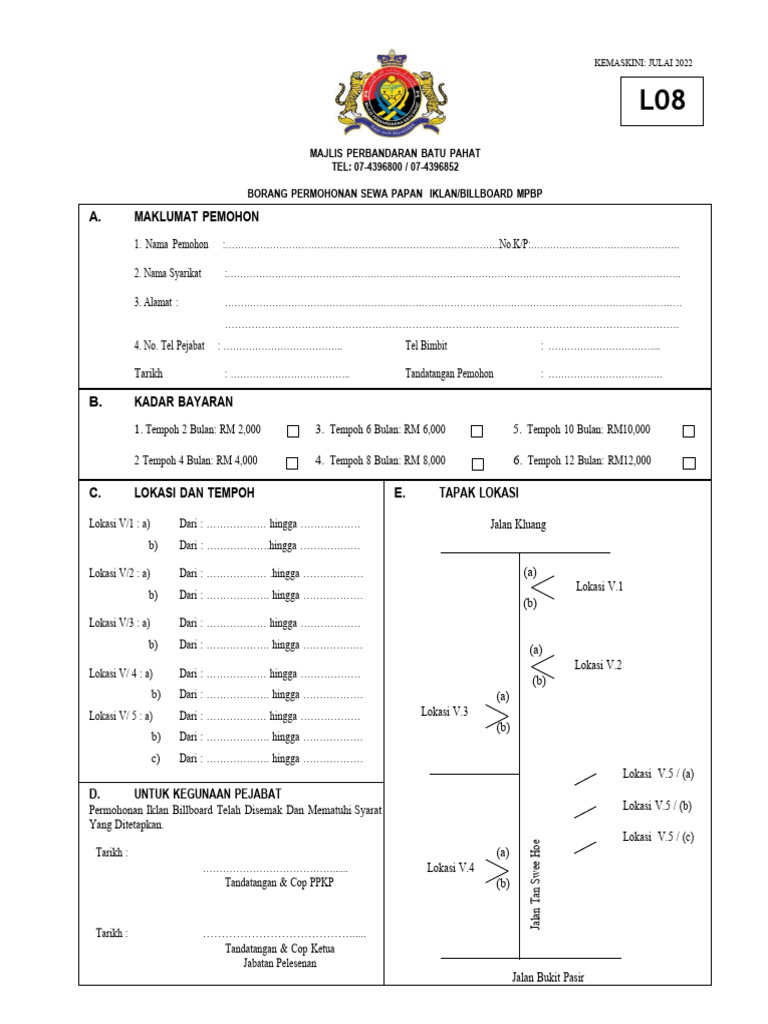 l08 Borang Permohonan Sewa Papan Iklan Billboard 02082022 | PDF