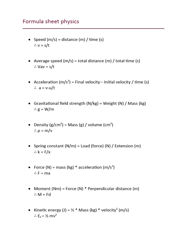 Physics Formulas | PDF | Force | Mass