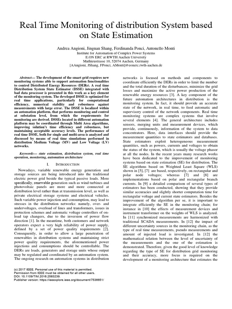 Real Time Monitoring of Distribution System Based On State Estimation | PDF | Science ...