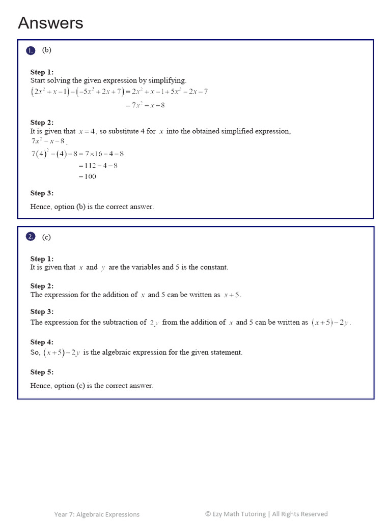 Year 7 Maths Test - Algebraic Expressions - Answers | PDF