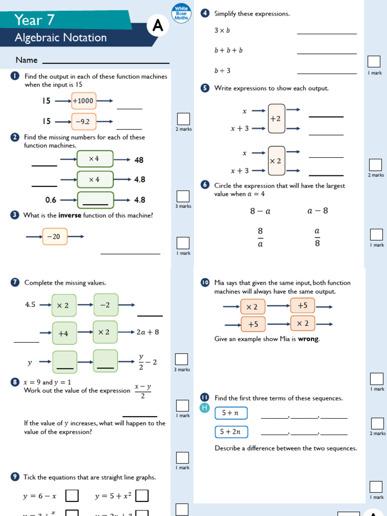 Year 7 Autumn 2 Algebraic Notation Mini Assessment A 2 | PDF | Function (Mathematics) | Applied ...