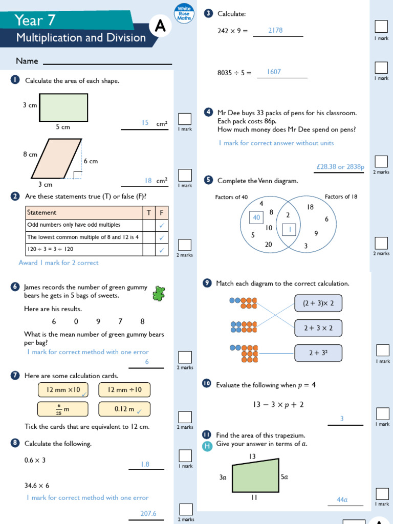 WRM Y7 Spring b2 Multiplication Division Assessment Answers A | PDF