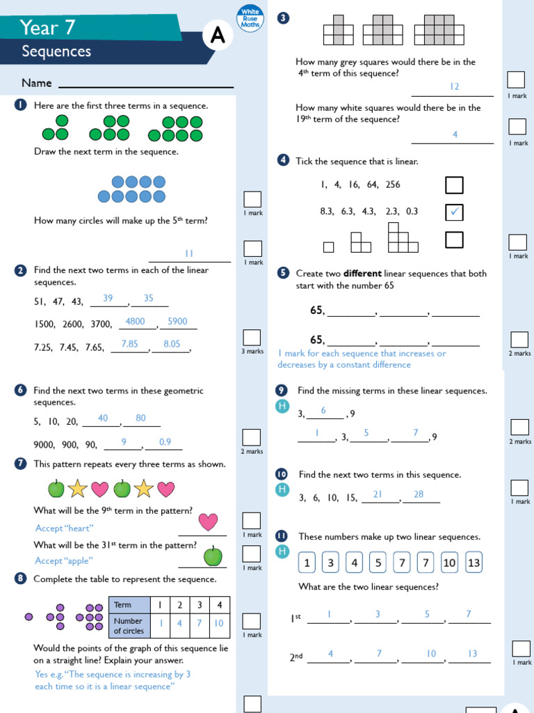Year 7 Autumn 1 Sequences Mini Assessment Answers A | PDF | Mathematics | Mathematical Relations