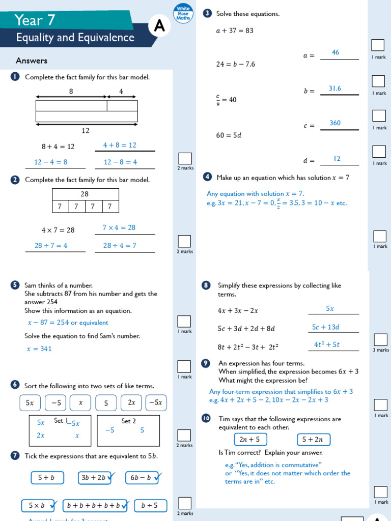 Year 7 Autumn 3 Equality and Equivalence Mini Assessment Answers A ...