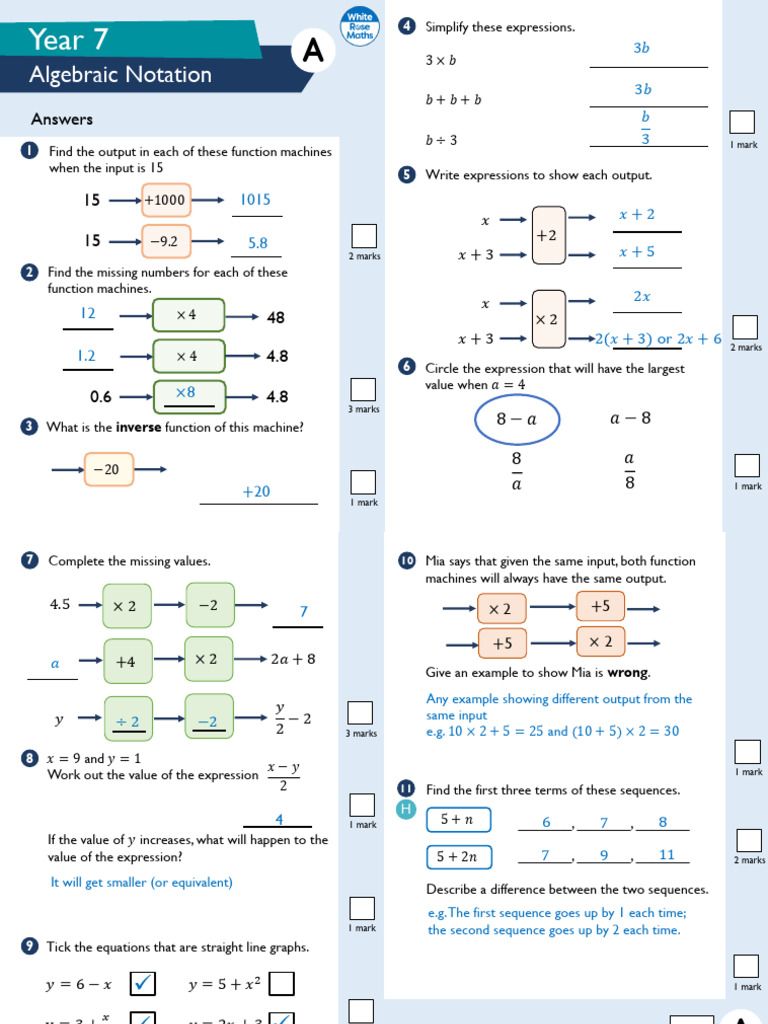 Year 7 Autumn 2 Algebraic Notation Mini Assessment Answers A | PDF