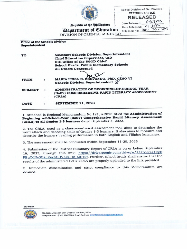 DM Administration of Beginning of School Year (BoSY) Comprehensive Rapid Literacy Assessment ...