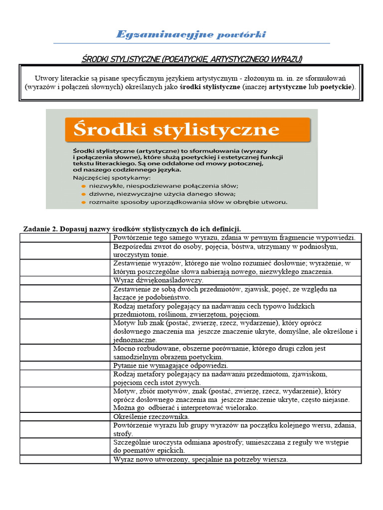 Środki Stylistyczne Zadania Powtórkowe Funkcje | PDF