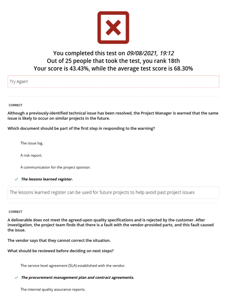 Project Management Test Analysis | PDF | Risk | Project Management