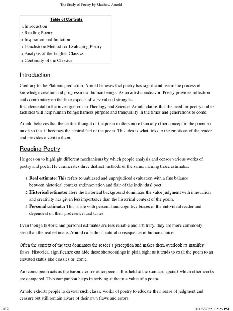The Study of Poetry by Matthew Arnold | PDF