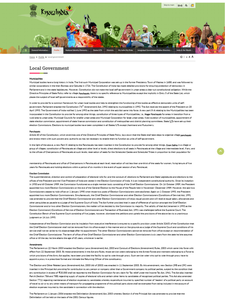 Profile - Local Government - Know India - National Portal of India | PDF