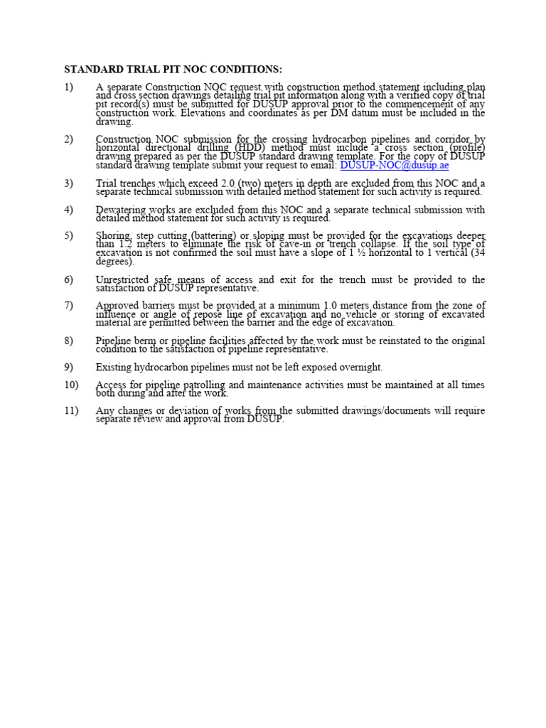 DUSUP Trial Pit NOC Specific Conditions | PDF