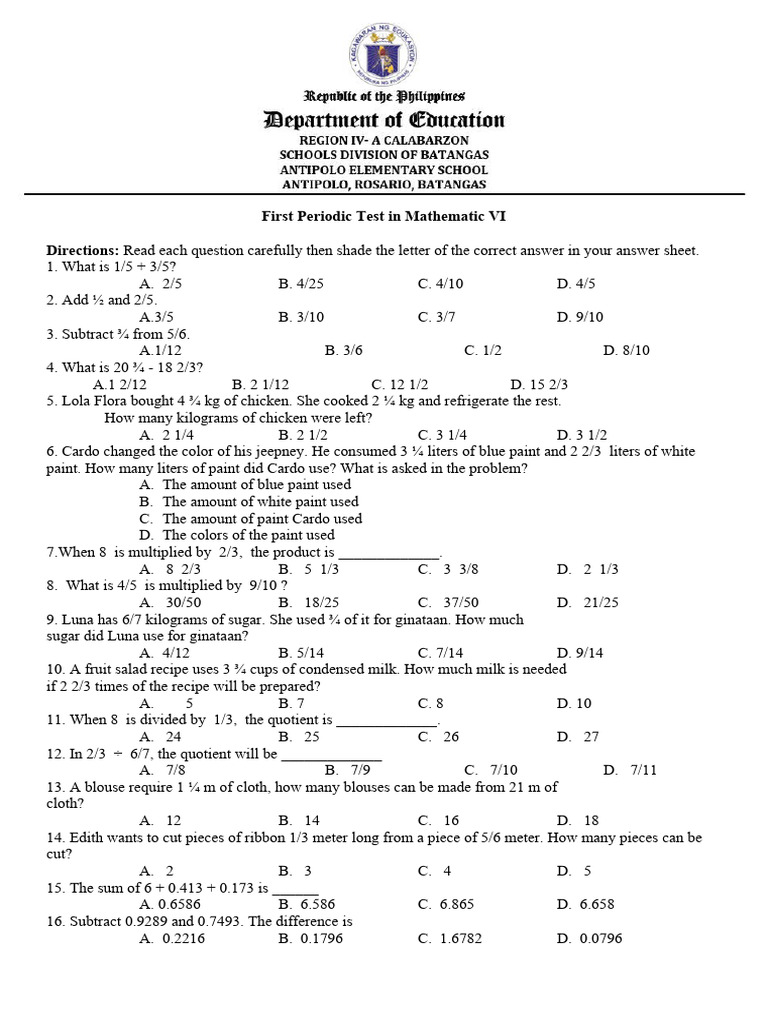 PT Test in MATH 6 | PDF