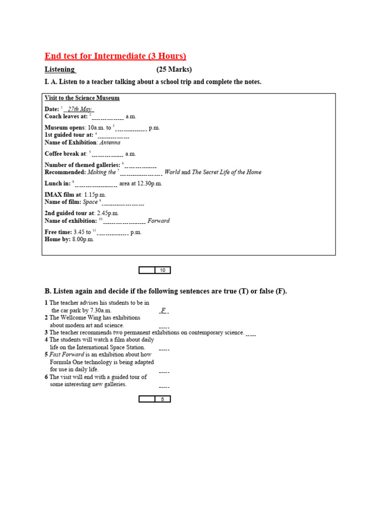 End Test For Intermediate | PDF | Young Adult