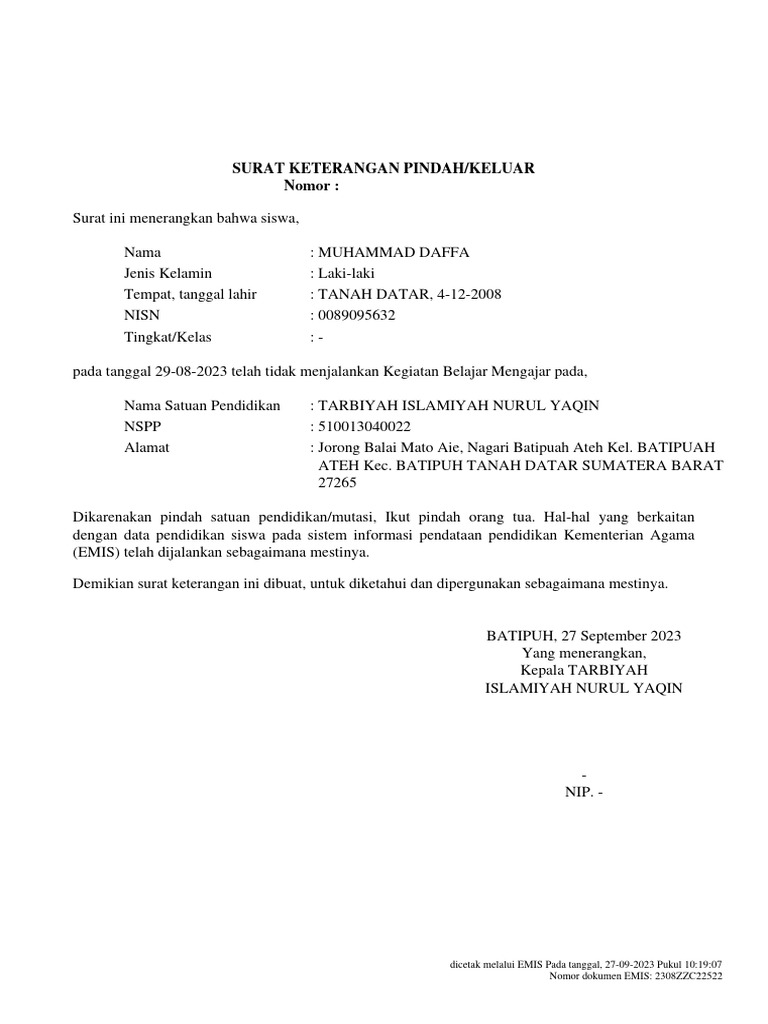 Mutasi Keluar - Surat Keterangan - MUHAMMAD DAFFA | PDF