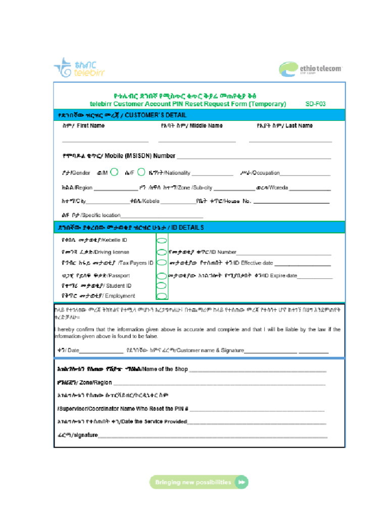 Customer Telebirr Account PIN Reset Request Form (Temporary) | PDF