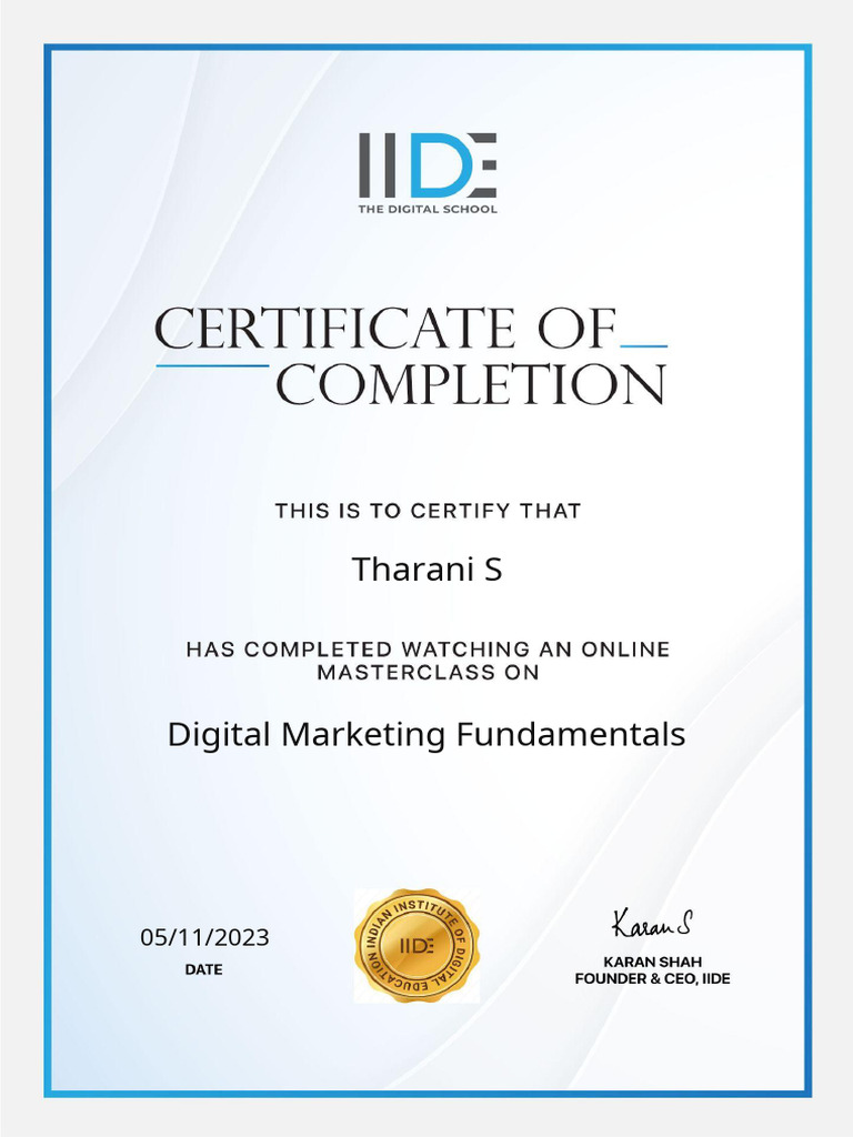 Digital Marketing Fundamentals MasterClass Certificate - IIDE | PDF