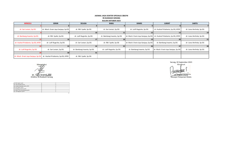 Jadwal Jaga Dokter Spesialis Obgyn Bulan Oktober 2023 | PDF