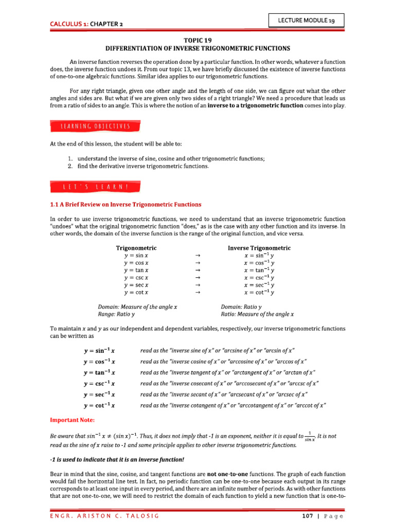 Module 19 - Differentiation of Inverse Trigonometric Functions | PDF