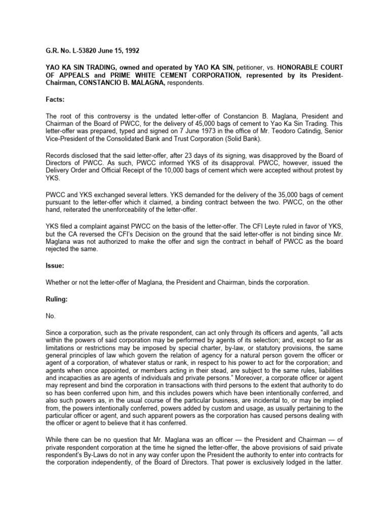 Yao Ka Sin Vs CA Digest PDF Law Of Agency Government