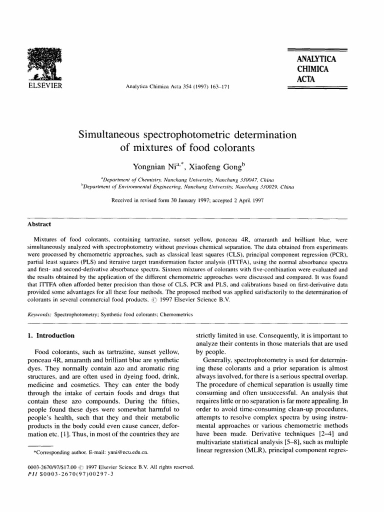 1997 Simultaneous Spectrophotometric Determination Of Mixtures Of Food Colorants Pdf