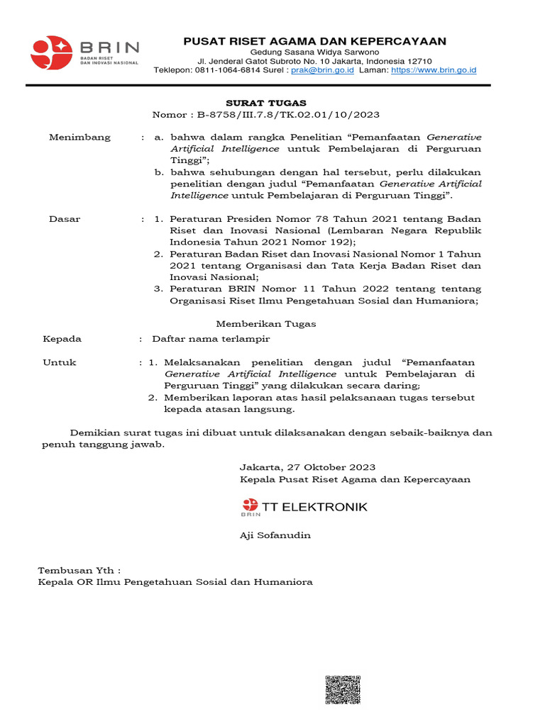 Surat Tugas Tim Brin | PDF