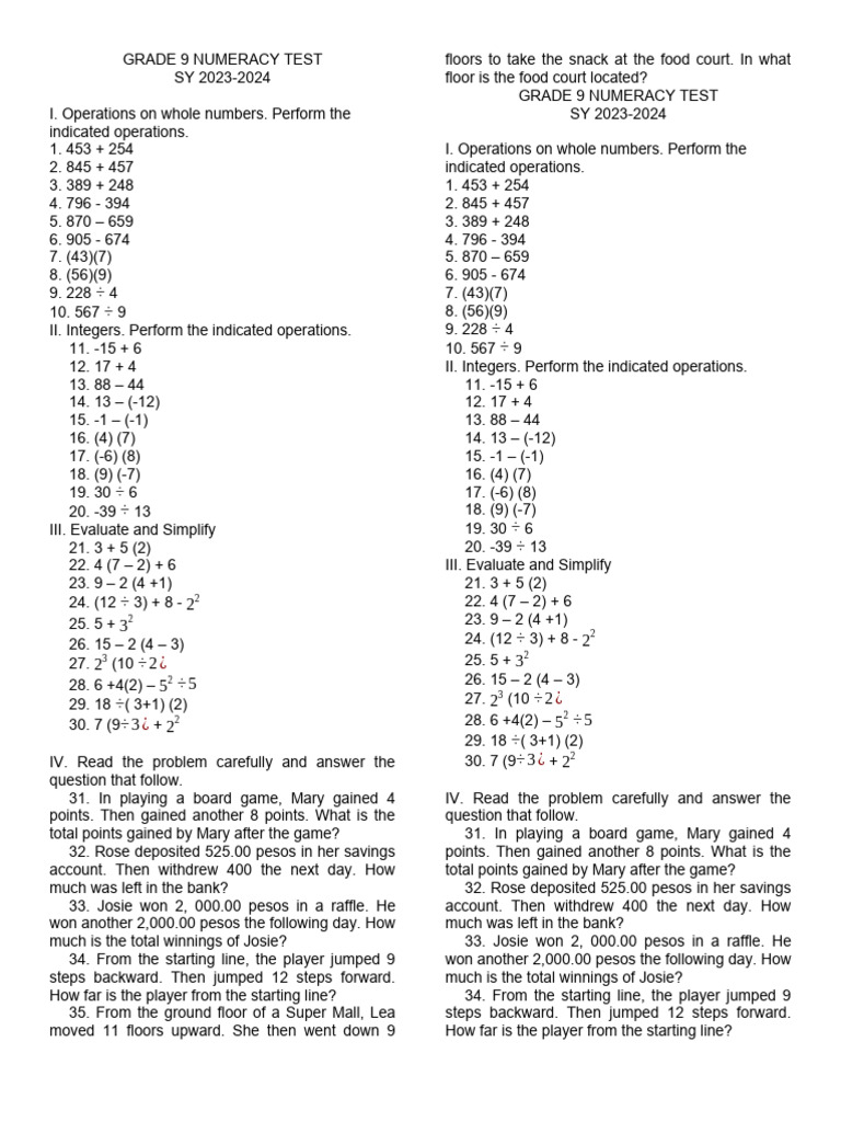 Grade 9 Numeracy Test 2023-2024 | PDF