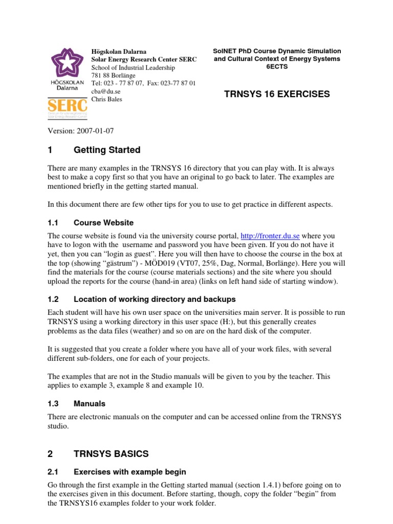 Instruction Trnsys 16 Exercises 2007 | PDF | Microsoft Excel | Parameter (Computer Programming)