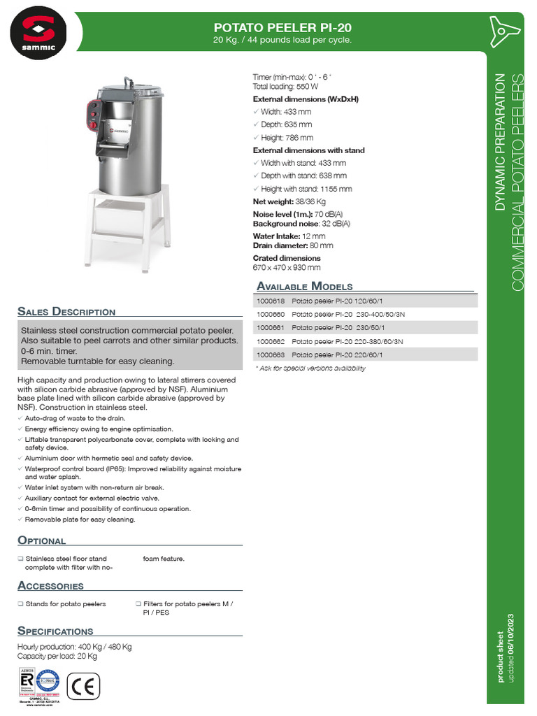 Spec Sheet Potato Peeler Pi 20 | PDF | Manufactured Goods