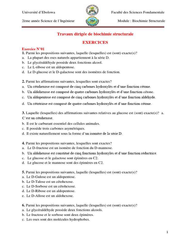 Exercices Corrigés sur les Glucides | PDF | Glucide | Glucose