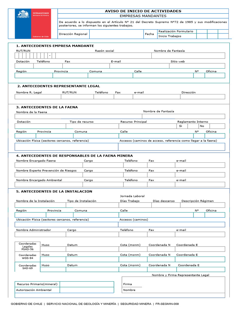Formulario Inicio de Actividades Empresas Mandantes | PDF | Minería