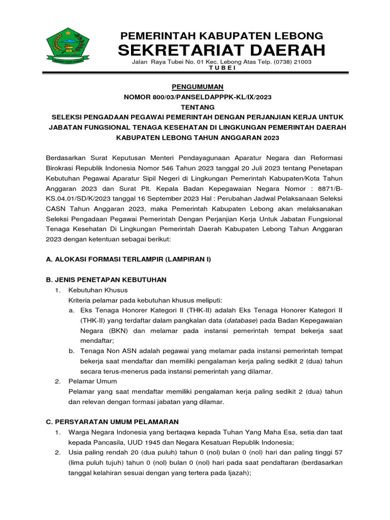 Pengumuman Pengadaan PPPK Tenaga Kesehatan | PDF