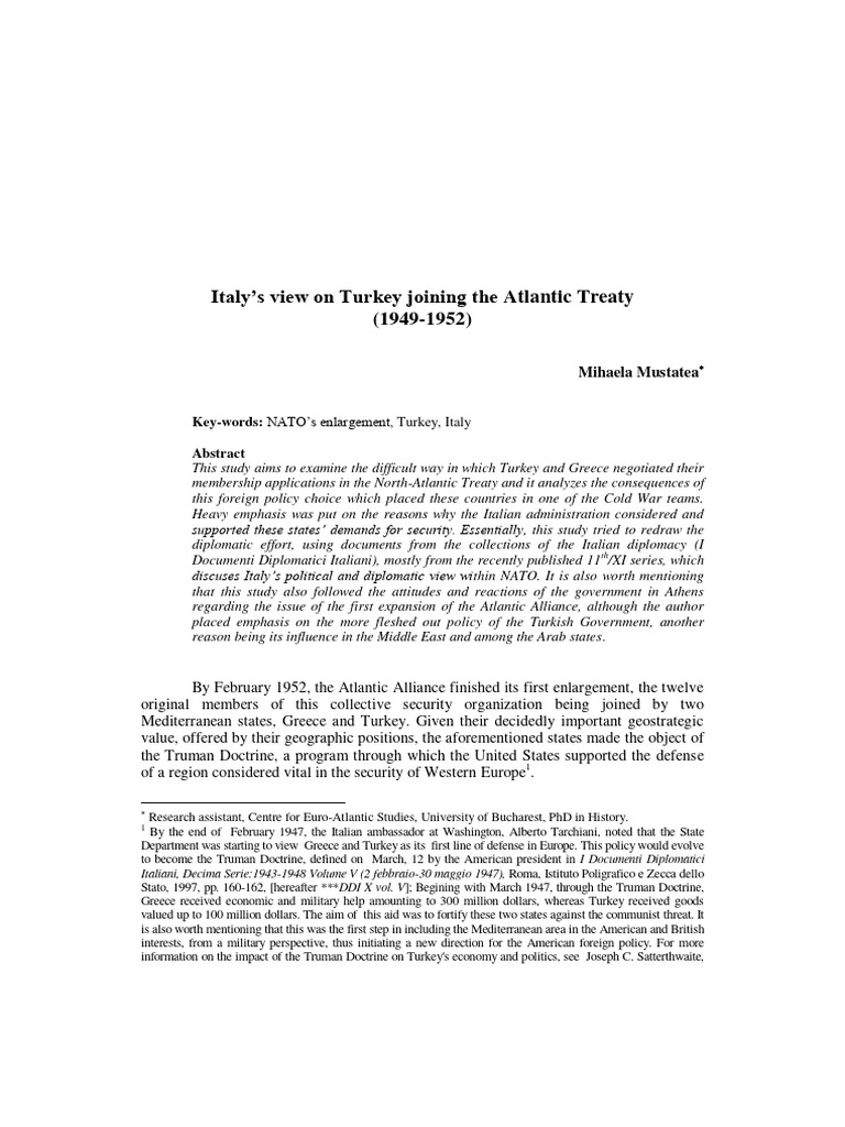 Italy's View On Turkey Joining The Atlantic Treaty (1949-1952) | PDF