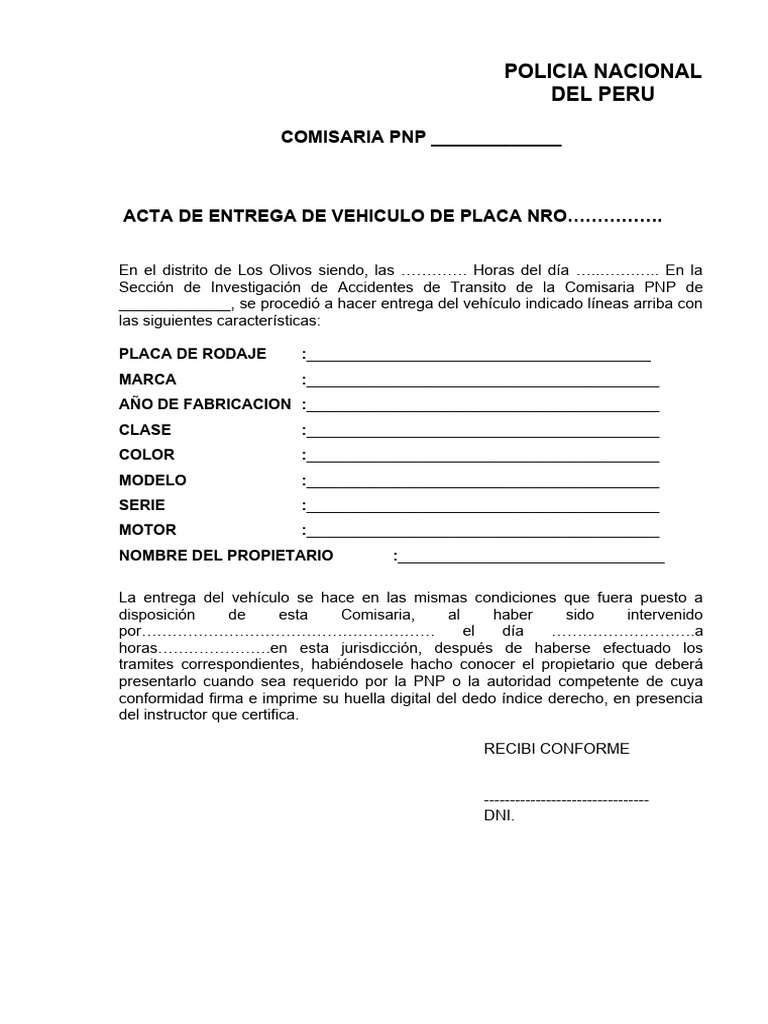 Acta de Entrega de Vehiculo Formato | PDF