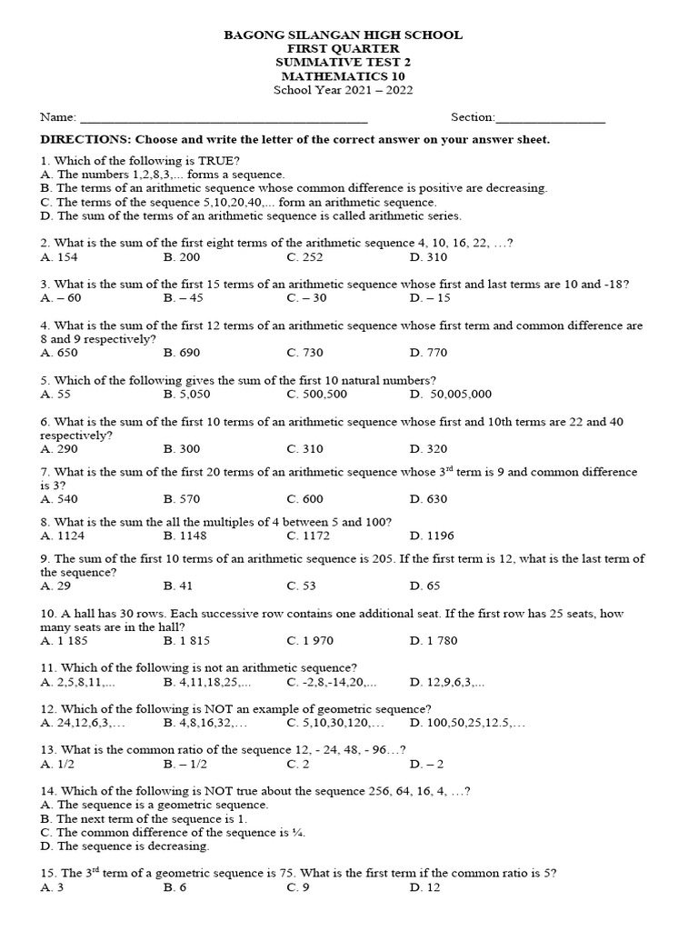 Summative Test 2 Gr. 10 For Students | PDF