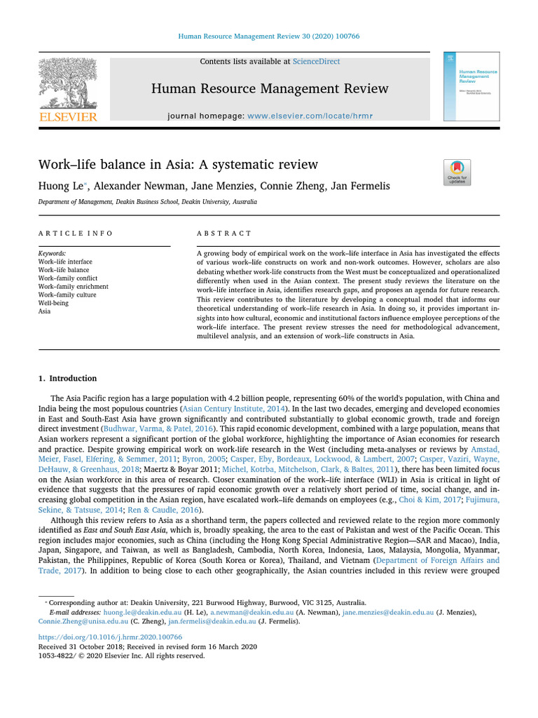 Work Life Balance in Asia A Systematic Re - 2020 - Human Resource ...