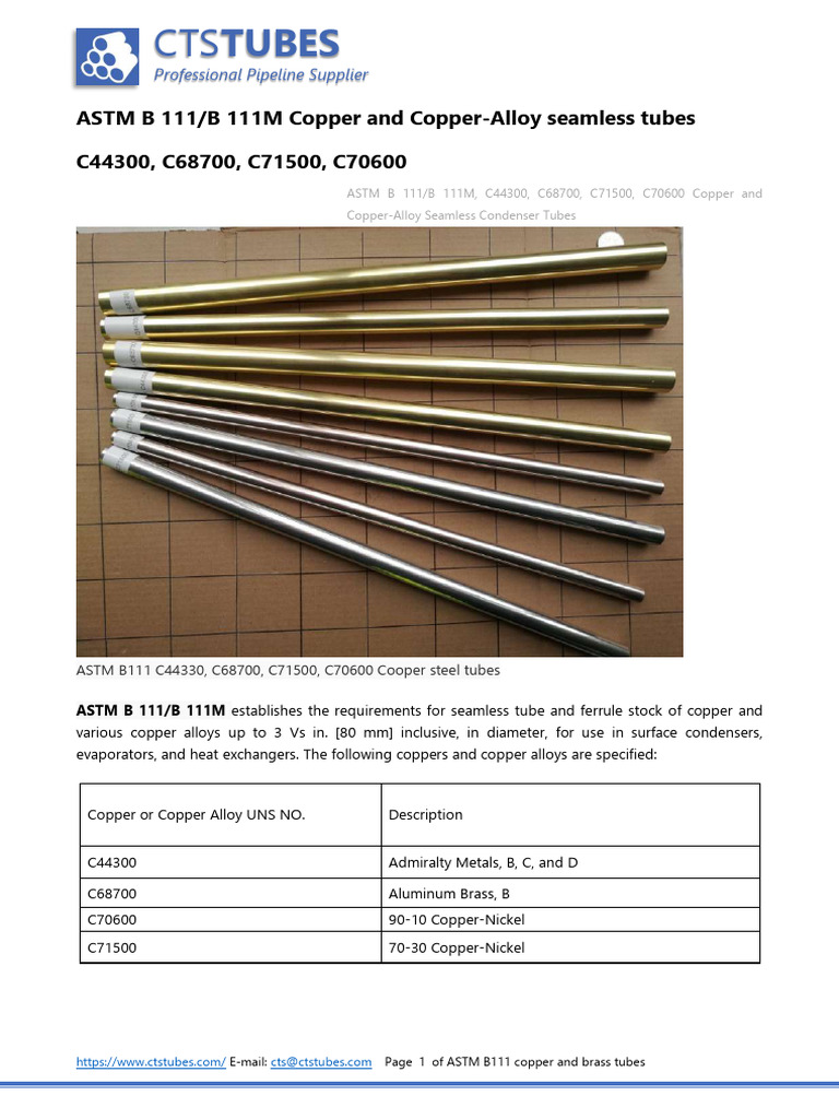 ASTM B 111/B 111M Copper and Copper-Alloy Seamless Tubes C44300, C68700 ...