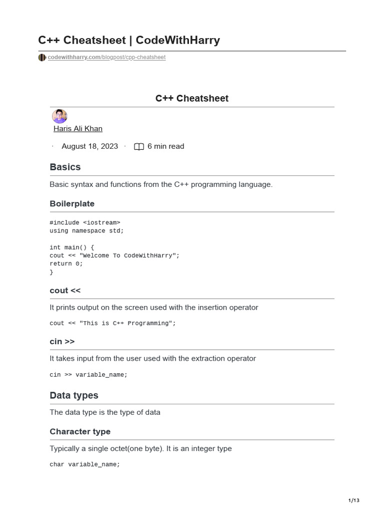 C Cheatsheet CodeWithHarry | PDF | Integer (Computer Science) | String (Computer Science)