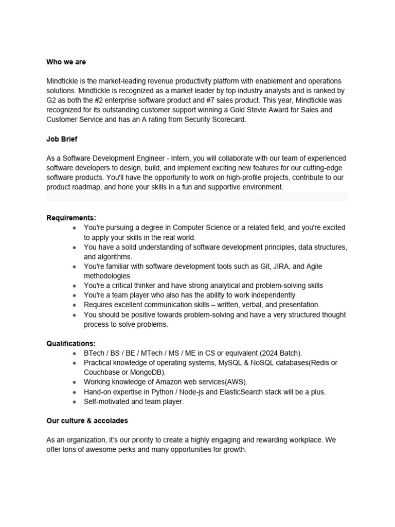 Software Development Intern at Mindtickle | PDF | Business | Art