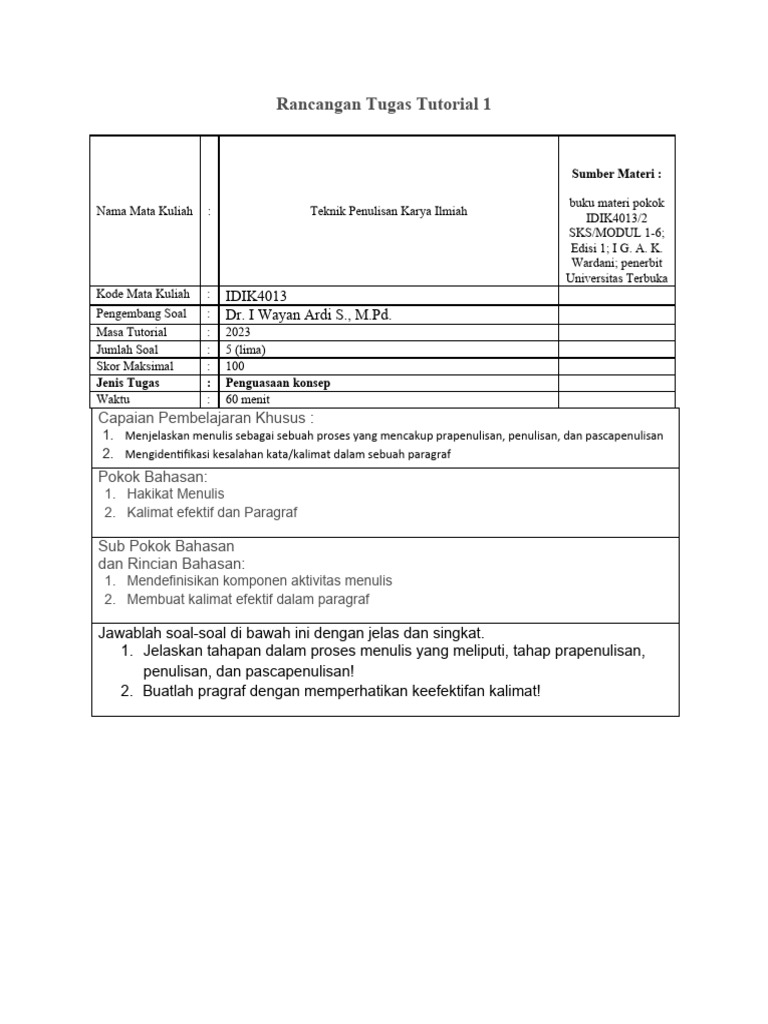 Tugas 1 UT Menulis 2023 | PDF