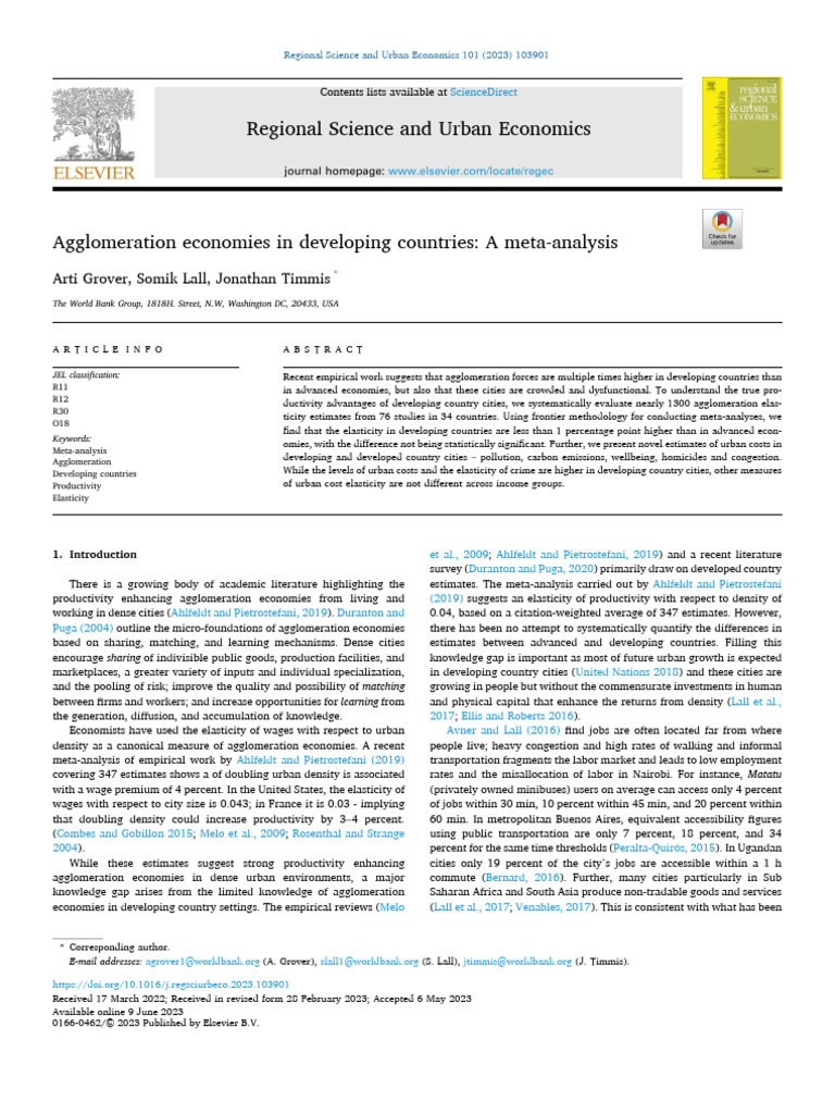 Agglomeration Economies in Developing Countries a Meta-Analysis | PDF | Labour Economics ...