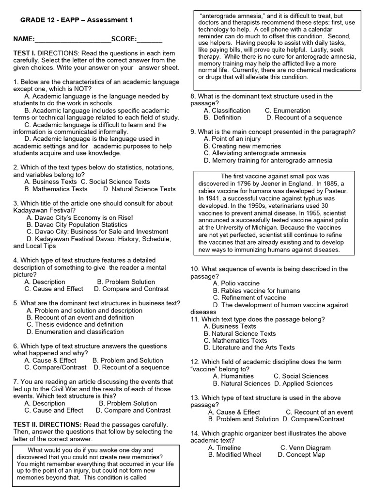 Grade 12 Academic Language Quiz | PDF