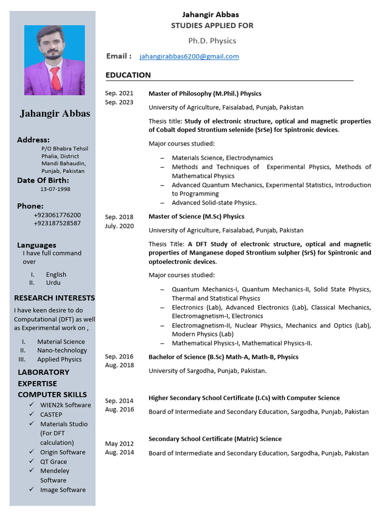 Jahangir Abbas CV | Download Free PDF | Physics | Solid State Physics